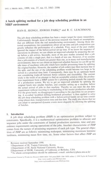 Pdf Batch Splitting Method For A Job Shop Scheduling Problem In An Mrp Environment