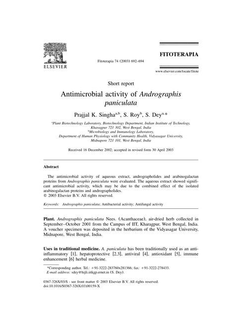 Pdf Antimicrobial Activity Of Andrographis Paniculata