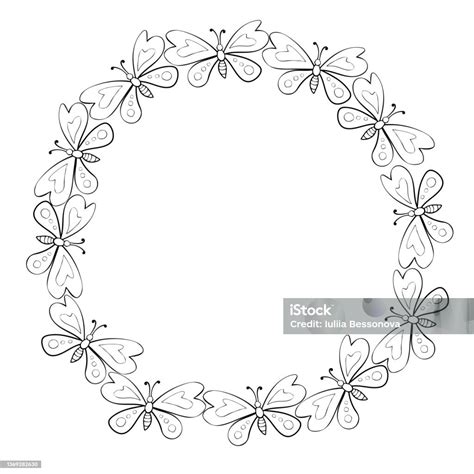 벡터 라운드 프레임 낙서 스타일의 윤곽 귀여운 나비에서 테두리 간단한 배경 봄 여름 휴일 엽서 장식 벡터에 대한 스톡 벡터 아트 및 기타 이미지 Istock