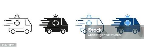 구급차 라인과 실루엣 아이콘 세트 긴급 의료 지원 환자를 위한 긴급 자동차 검정색과 컬러 픽토그램 응급 처치를 위한 구급대원의