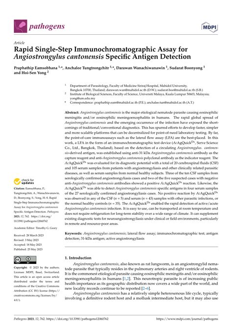 Pdf Rapid Single Step Immunochromatographic Assay For Angiostrongylus Cantonensis Specific