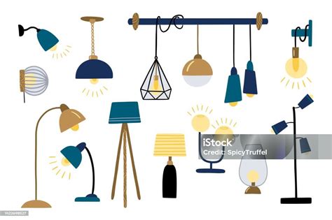 천장 조명 샹들리에와 펜던트가있는 3d 홈 인테리어 현대적인 장식과 빈티지 룸 가구 갓이있는 빛나는 전구 실내 조명 벡터 절연 램프 세트 전등에 대한 스톡 벡터 아트 및