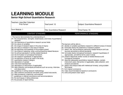 Pdf Learning Module Senior High School Quantitative Research
