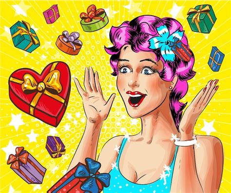 Ilustração Vetorial De Uma Jovem Feliz E Surpreendida E Caixas De