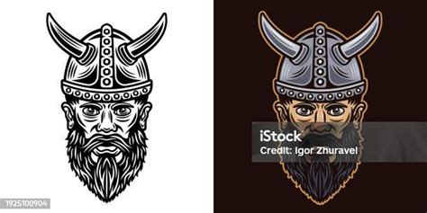 바이킹 머리 뿔 헬멧 두 가지 스타일 흰색 바탕에 검은 색과 어두운 배경 벡터 일러스트 레이 션에 화려한 가공의 인물에 대한 스톡 벡터 아트 및 기타 이미지 Istock