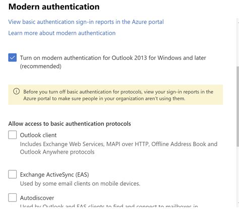 Modern Authentication Vs Manage Settings For Email Apps Roffice365