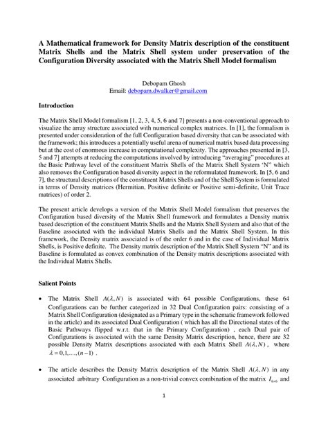 Pdf A Mathematical Framework For Density Matrix Description Of The Constituent Matrix Shells