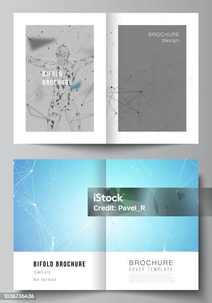 두 개의 A4 형식 커버 샘플 디자인 서식 파일의 이중 브로셔 전단지 보고서에 대 한 벡터 레이아웃 기술 과학 개념입니다 분자 구조 선 및 점 들을 연결입니다 미래 배경
