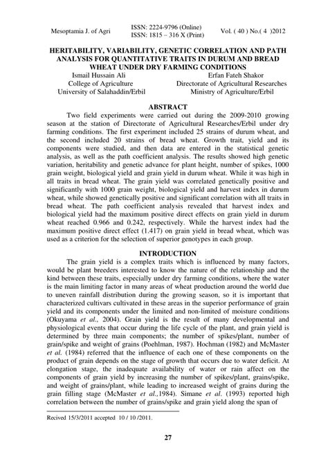 Pdf Heritability Variability Genetic Correlation And Path Analysis