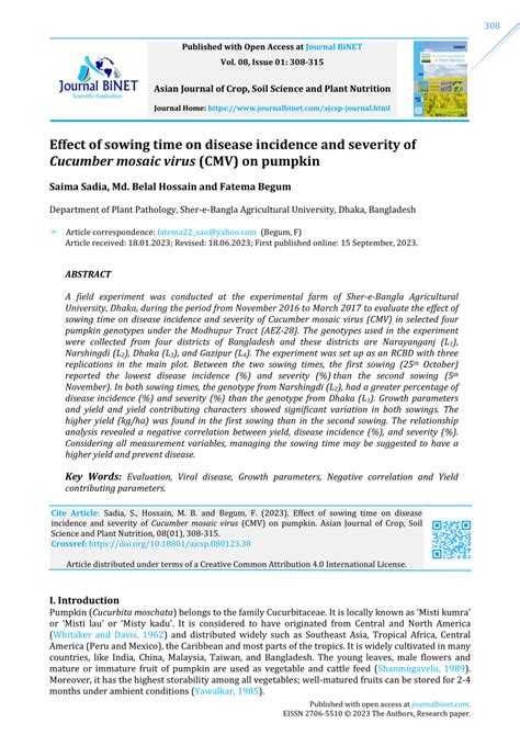 Pdf Effect Of Sowing Time On Disease Incidence And Severity Of Cucumber Mosaic Virus Cmv On