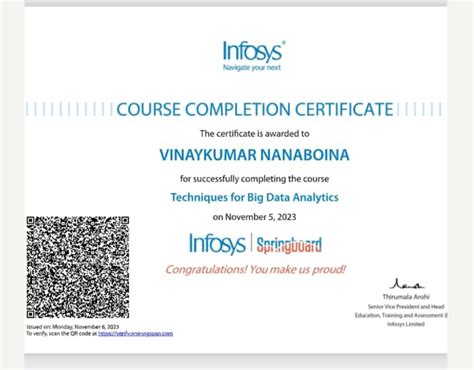 Completion Certificate For Big Data Analytics Vinay Kumar Nanaboina