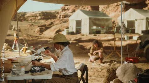 Archaeological Digging Site Great Female Archaeologist Doing Cultural Research Discovers