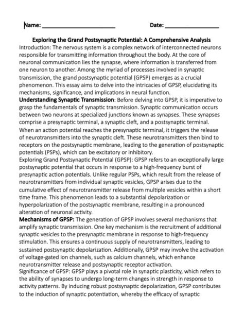 Grand Postsynaptic Potential Science Reading Worksheets 100 Editable