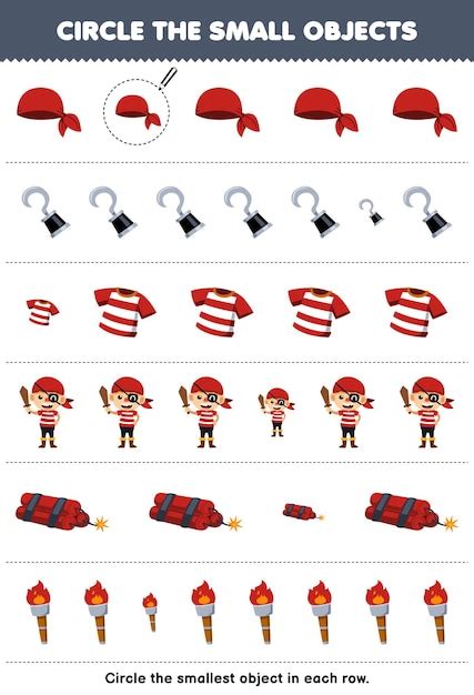 어린이를 위한 교육 게임은 귀여운 만화 반다나 다이너마이트 토치 인쇄 가능한 해적 워크시트의 각 행에서 가장 작은 물체에 동그라미를 칩니다 프리미엄 벡터