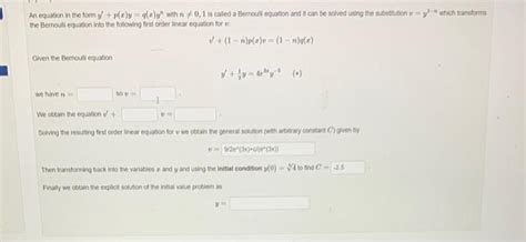 Solved An Equation In The Form Y′ P X Y Q X Yn With N 0 1