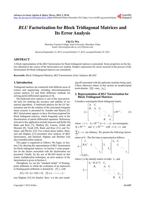 Pdf Blu Factorization For Block Tridiagonal Matrices And Its Error