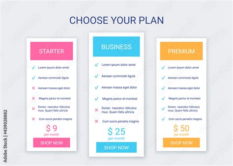 Price Table Template Pricing Chart Grid Comparison Data Plans Vector Spreadsheet Page With 3