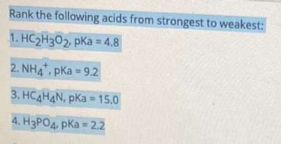 Solved Rank The Following Acids From Strongest To Weakest Chegg