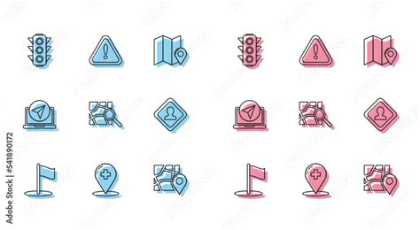 Set Line Flag Medical Map Pointer With Cross Hospital Traffic Light Folded Location Marker