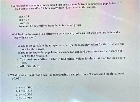 Solved A Researcher Conducts A One Sample T Test Using A Sample From An Unknown Population If