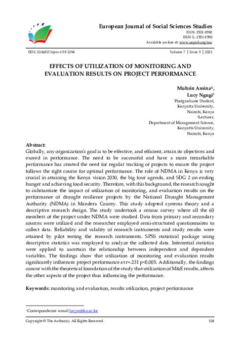 Pdf Effects Of Utilization Of Monitoring And Evaluation Results On Project Performance