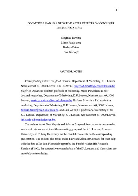 Pdf Cognitive Load Has Negative After Effects On Consumer Decision Making Barbara Briers