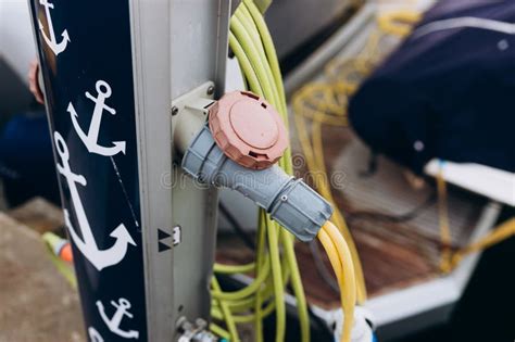 Electrical Outlets To Charge Ships In Harbor Electrical Power Sockets Bollard On Pier Near Sea