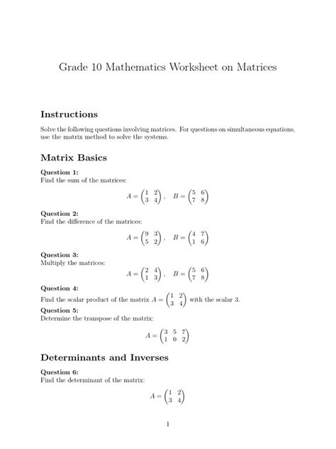 Matricies Worksheet Pdf Matrix Mathematics Determinant