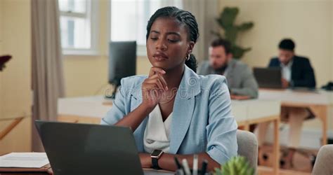 Laptop Thinking And Business Woman Problem Solving Planning Or