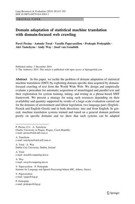 Pdf Domain Adaptation Of Statistical Machine Translation With Domain
