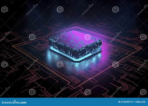Neon Microchip On Circuit Board Created With Generative Ai Stock