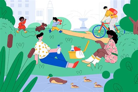 卡通手绘城市街头逛街散步公园休闲生活场景人物插画ai设计素材 淘宝网 花瓣网