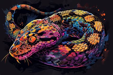 Colorful Neon Abstract Portrait Of A Ball Python With Splashes Of Watercolor On A Black