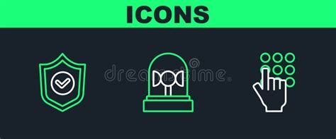 Set Line Password Protection Shield With Check Mark And Flasher Siren Icon Vector Stock Vector