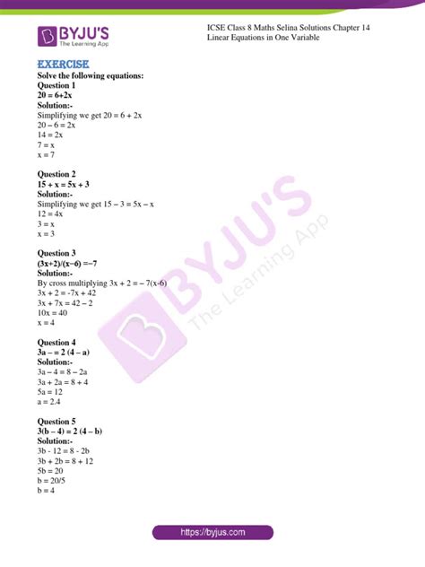 Icse Class 8 Maths Selina Solutions Chapter 14 Linear Equations In One Variable Pdf