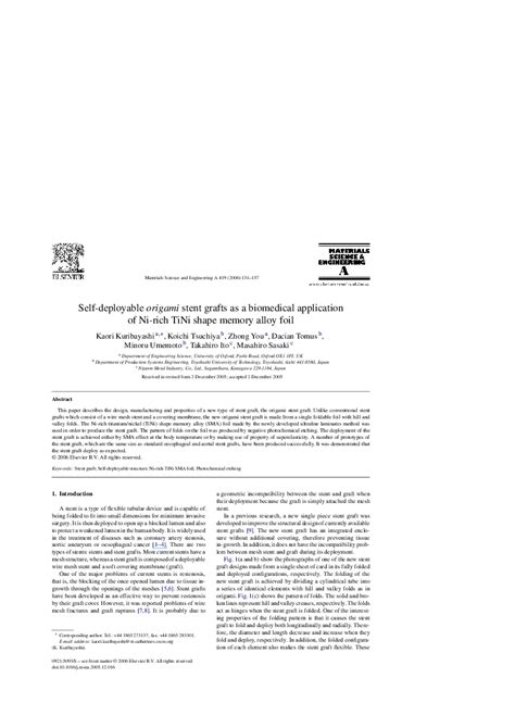 Pdf Self Deployable Origami Stent Grafts As A Biomedical Application Of Ni Rich Tini Shape
