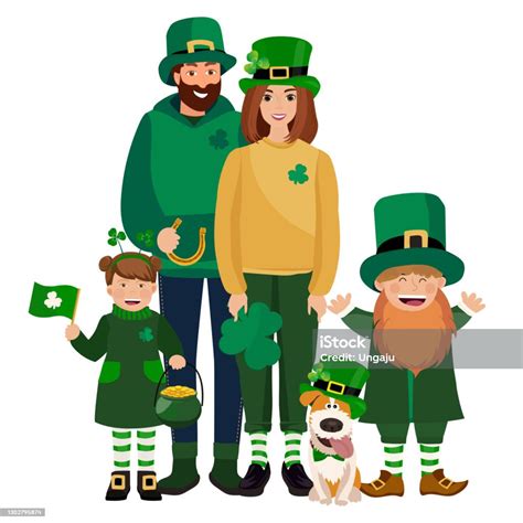 성 패트릭의 날을 기념하는 다양한 휴일 상징을 가진 행복한 가족 미소 휴일 과 축하 개념 벡터 일러스트레이션 3월에 대한 스톡
