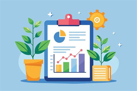 A Colorful Illustration Featuring A Clipboard With A Pie Chart And Bar Graph A Line Graph