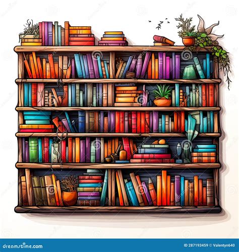 Drawing Of Bookshelf Filled With Lots Of Books Generative AI Stock Illustration Illustration