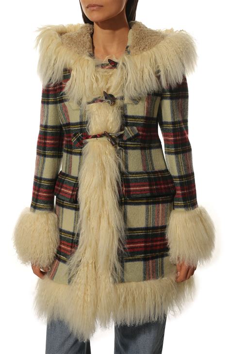 Женское разноцветное шерстяное пальто с меховой отделкой Miu Miu купить в интернет магазине ЦУМ