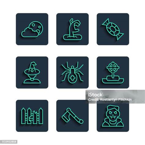 나무 정원 울타리 나무 도끼 뱀파이어 사탕 거미 마녀 달의 별 십자가 아이콘이 있는 묘비를 설정합니다 벡터 가공의 인물에 대한 스톡 벡터 아트 및 기타 이미지 Istock