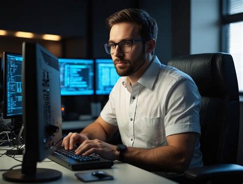 Man Sysadmin Or Big Computer Screen Programmer Working At The Computer 8k Resolution Eye Contact