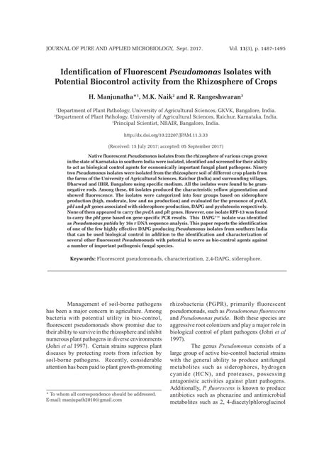 Pdf Identification Of Fluorescent Pseudomonas Isolates With Potential Biocontrol Activity From