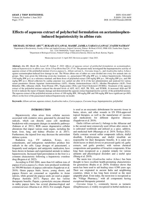 Pdf Effects Of Aqueous Extract Of Polyherbal Formulation On Acetaminophen Induced