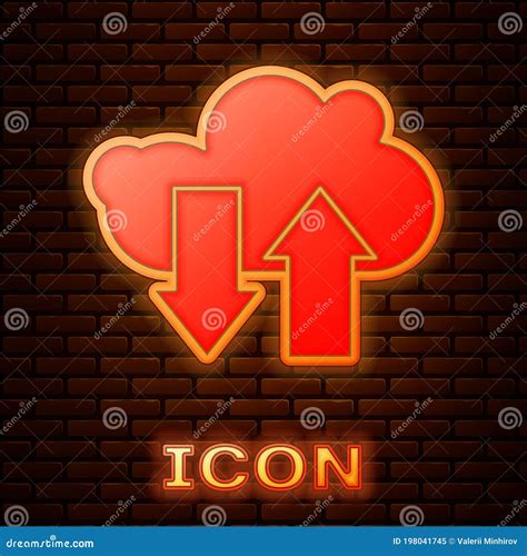 Glowing Neon Cloud Download And Upload Icon Isolated On Brick Wall Background Vector