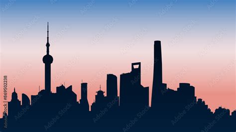 China Shanghai Skyline Silhouette At Sunset Tv Tower Shanghai World