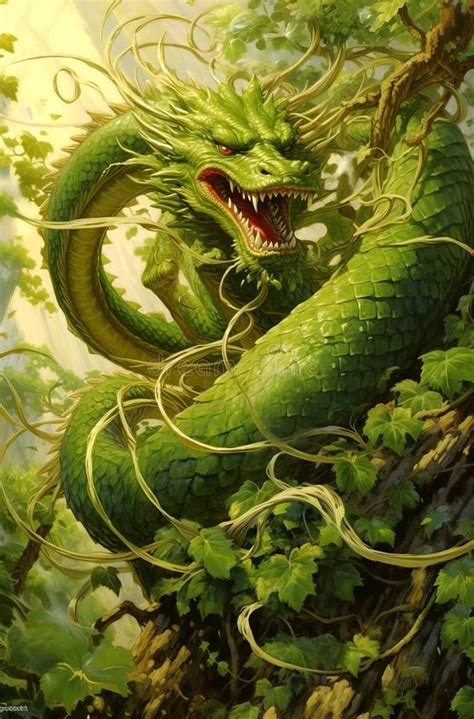 Green Chinese Dragon On A Tree In Foliage Stock Illustration