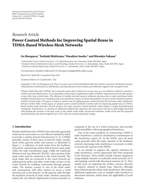 Pdf Power Control Methods For Improving Spatial Reuse In Tdma Based Wireless Mesh Networks