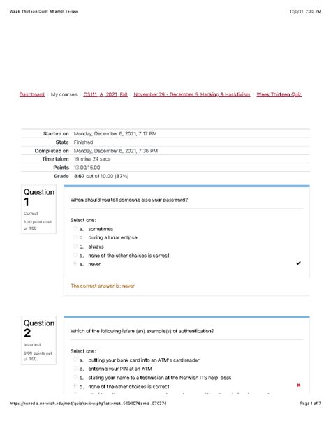 Week Thirteen Quiz CS Question Correct Points Out Of Question Incorrect Points