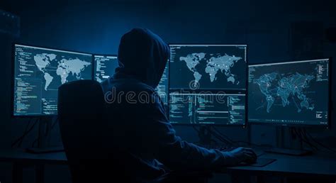 anonymous hacker in hoodie exploiting global network with multiple monitors stock illustration
